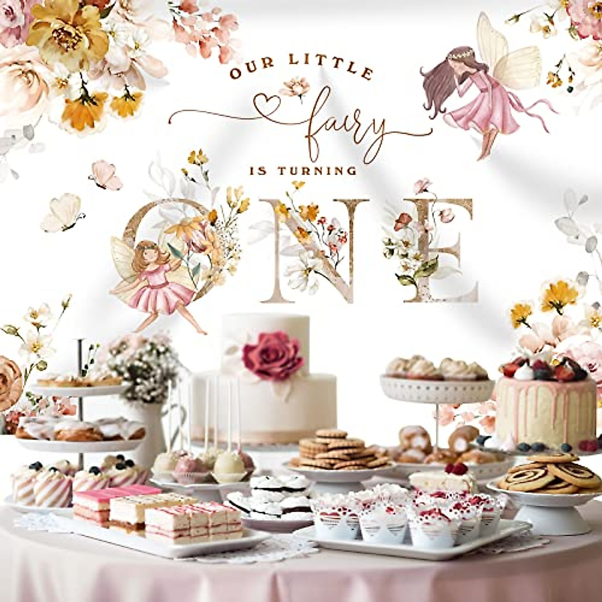 Rsuuinu Floral Fairy 1st Birthday Backdrop for Photography Flowers Fairy Tale Tea Wonderland Princess Girl Happy First Birthday Party Background Decoration Banner Supplies Photo Booth Props 7x5ft