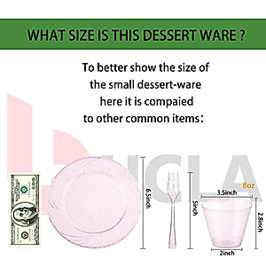 BUCLA 100pack Dessert Plates Pink Plates 6.5inch -100pack Plastic Dessert Forks 5inch-100Pack Disposable 9oz Rose Pink Plastic Cups- Perfect for Weddings& Parties&Mothers Day Plates