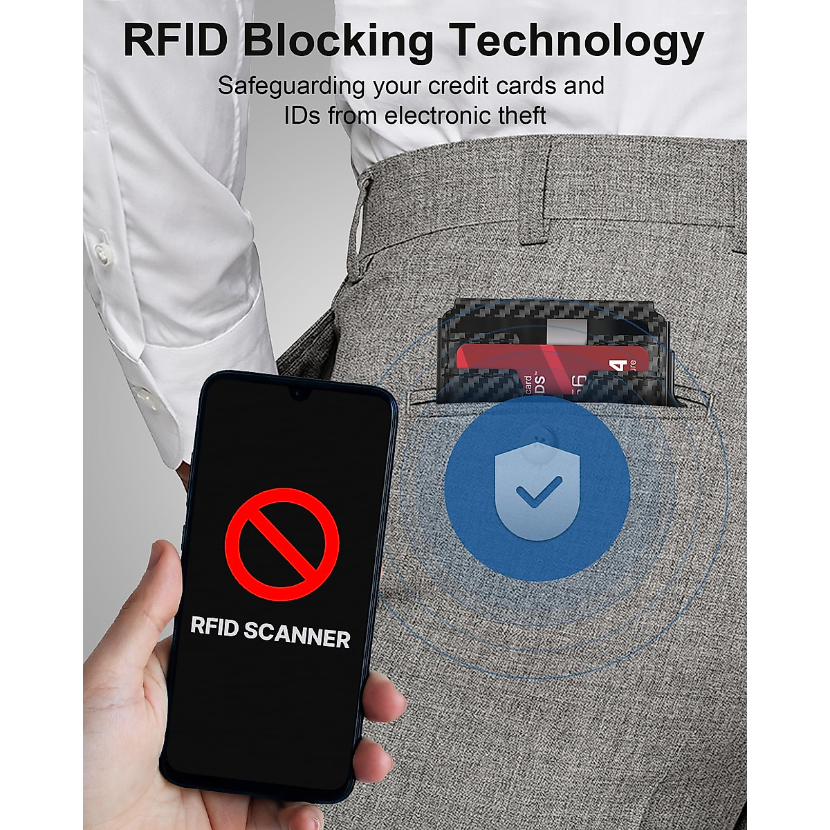 typecase Mens Wallet Card Holder: Pop Up Card Case, Genuine Leather, RFID Blocking, Smart, Slim, Minimalist, Thin - 13 Card Capacitiy, ID Window, Cash Strap (Carbon Fiber)