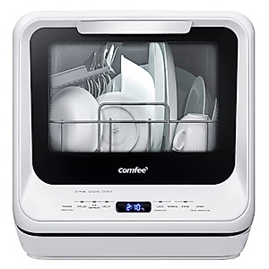 COMFEE' Portable Dishwasher Countertop with 5L Built-in Water Tank, No Hookup Needed, 6 Programs, 360° Dual Spray, 192℉ High-Temp& Air-Dry Function, Mini Dishwasher for RVs, White