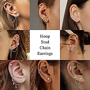 ZELORES 20G Cartilage Earrings Set For Women Men Stainless Steel Small Huggie Hoop Earring Flatback Star Moon Butterfly CZ Cartilage Stud Earrings Chain Dangle Cartilage Helix Tragus Piercing Jewelry,