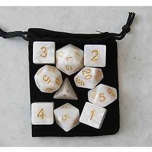 Elven White RPG D&D Dice Set: 7 + 3d6 = 10 polyhedral die plus bag! by Dave's Dice