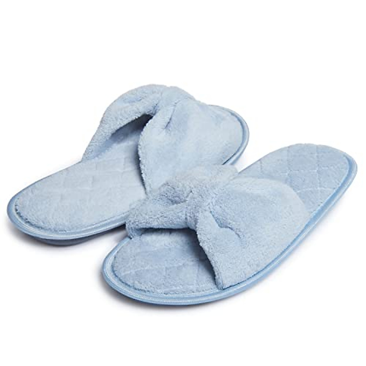 Laura Ashley Womens Plush Terry Open Toe Memory Foam Spa Slippers, Rubber Sole Bow Band Home Slides Slipper for Ladies, Resort Blue, Medium