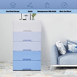 DYRABREST 5 Drawer Plastic Drawers Dresser Storage Cabinet Stackable Vertical Clothes Storage Tower with 4 Wheels for Hallway Entryway (Gradient Blue)