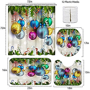 Britimes 4 Piece Shower Curtain Sets with 12 Hooks, Christmas Green Happy Year Ball with Non-Slip Rugs, Toilet Lid Cover and Bath Mat, Durable and Waterproof, for Bathroom Decor Set, 72" x 72"