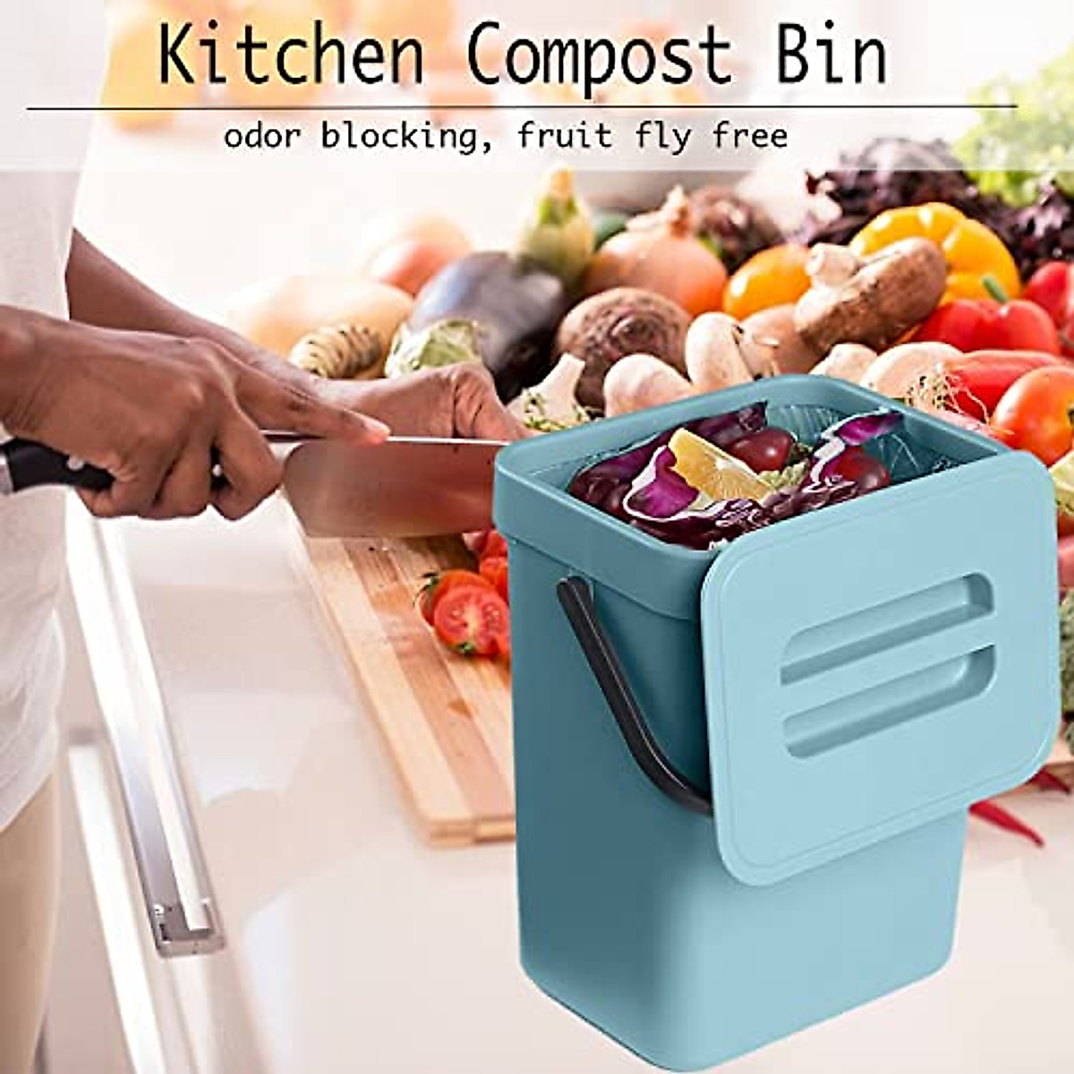 Small Trash Can with Lid, LALASTAR Compost Bin Indoor Kitchen Sealed Under Sink for Kitchen, Food Waste Bin for Countertop, Mountable Garbage Can for Bathroom, RV, 5L/1.3 Gal, Blue