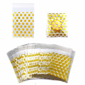 Saktopdeco 100 PCS Gold Polka Dot Cellophane Bags Clear Cellophane Treat Bags 3x5 Cellophane Gift Bags Self Sealing Bags for Cookie Candies