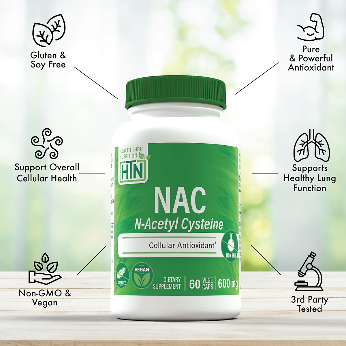 Health Thru Nutrition NAC N-Acetyl-Cysteine 600mg 60 Capsules | Vegan Certified | The Purest NAC Supplement | Supports Healthy Lung, Liver Functions & Cellular Health | Non-GMO Soy & Gluten Free