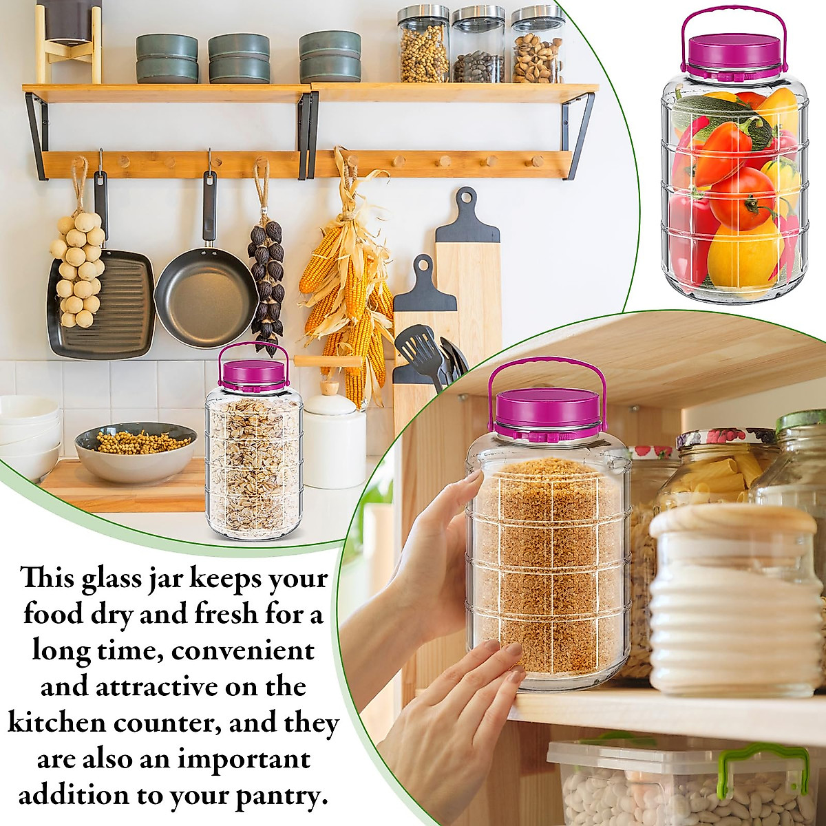 Bokon 2 Gallon Glass Jar with Lid and Handle Wide Mouth Airtight Dry Food Storage Pickling Mason Jar Glass Water Jug for Fermenting Sun Tea Kombucha Kefir Water Storing Canning (1 Pcs)