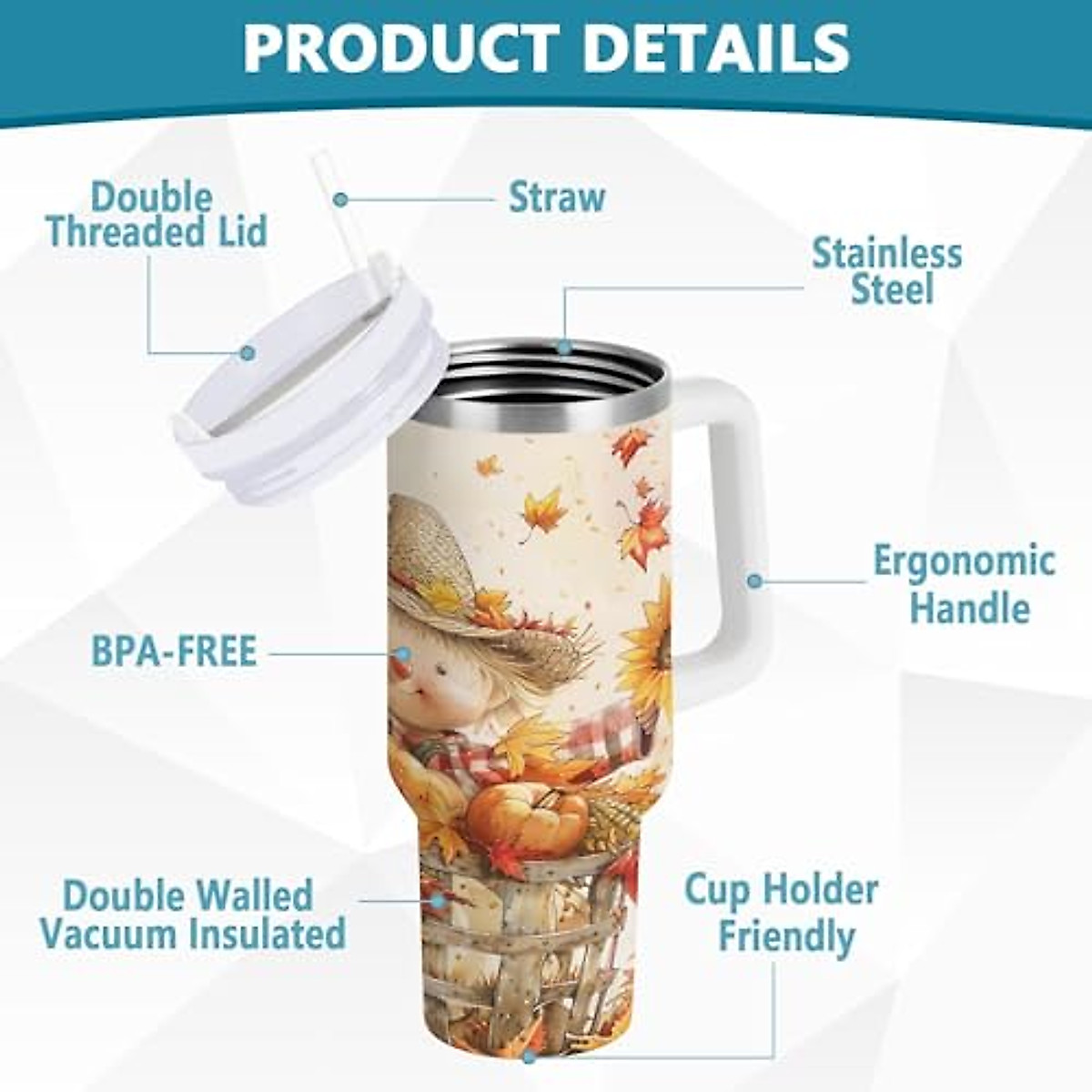 ODAWA Cute Scarecrow Autumn Maple Leaves Iced Coffee Tumbler Reusable Insulated Cup with Straw Water Cup