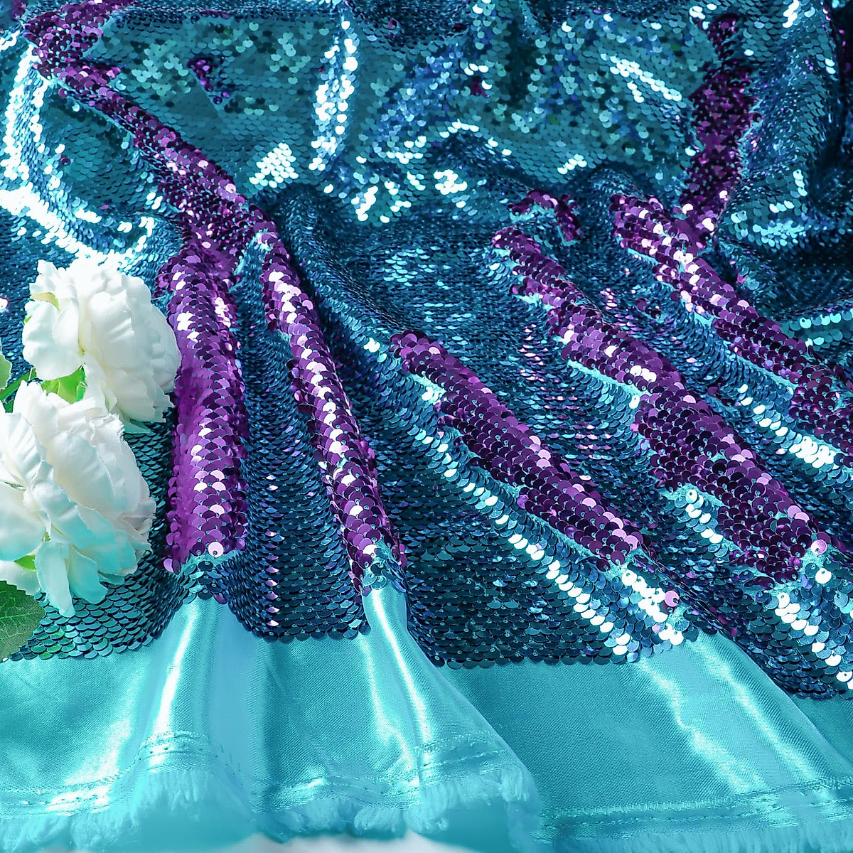 Partisout Sequin Fabric Mermaid Fabric 5mm Two Tone Sparkly Material by The Yard Mesh Reversible Sequence Cloth for Dress Wedding DIY (Turquoise to Purple)