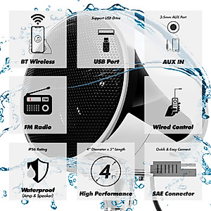 GoHawk TN4-W Waterproof Amplifier 4" Full Range Bluetooth Motorcycle Stereo Speakers 1 to 1.25 in. Handlebar Mount Audio Amp System Harley Touring Cruiser ATV 4-Wheeler, USB, AUX, FM Radio