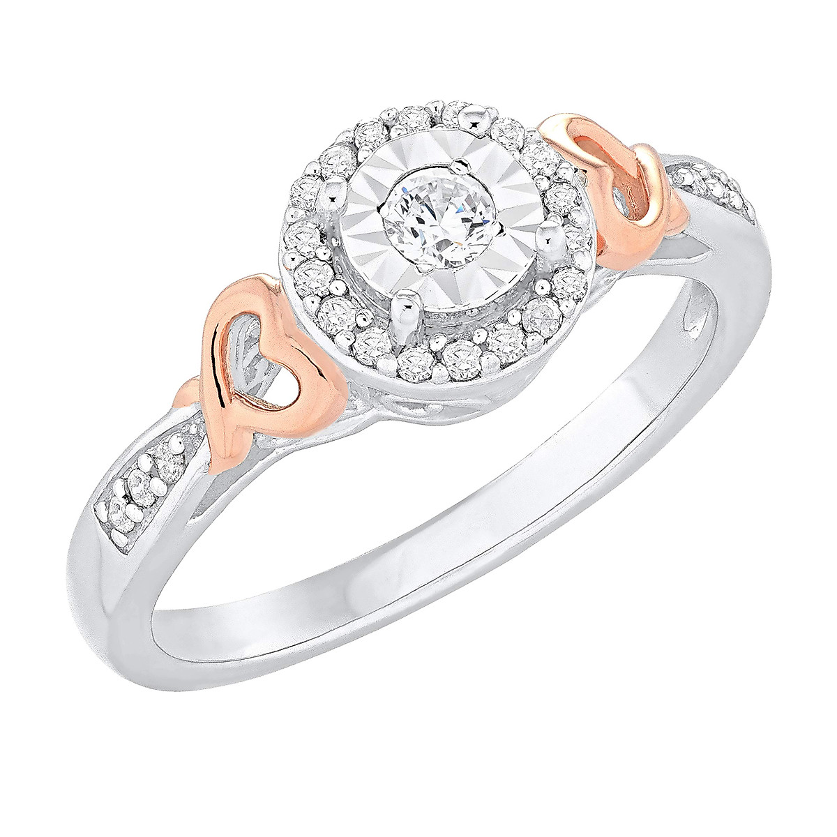 14K Rose Gold Plated .925 Sterling Silver 1/5 Cttw Diamond Miracle Set Round Halo and Hearts Promise Ring (I-J Color, I2-I3 Clarity) - Size 8