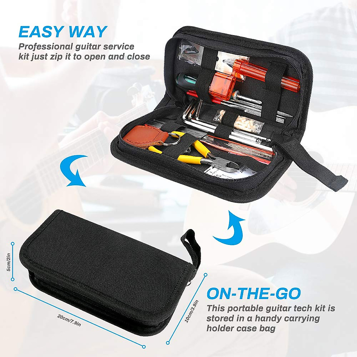 Number-one Guitar Repair Tool Kit 26Pcs Guitar Maintenance Kit with Wire Plier String Organizer Fingerboard Protector Hex Wrenches Files String Action Ruler Spanner Wrench for Guitar Ukulele Banjo