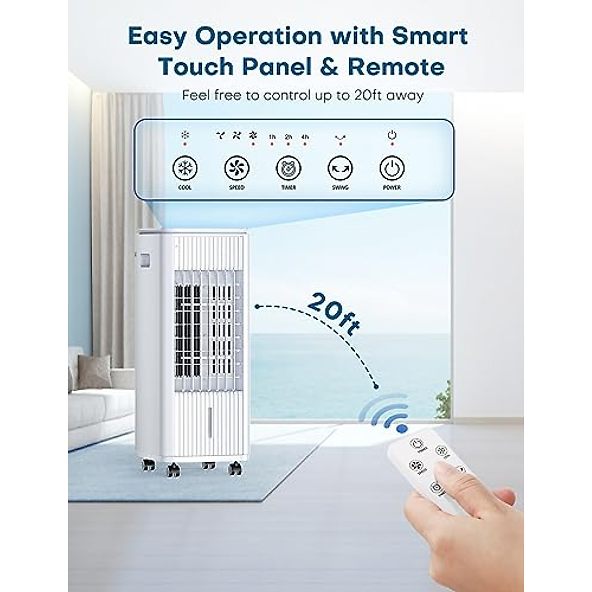 TEMEIKE 3-IN-1 Evaporative Air Cooler, Swamp Cooler Air Conditioner Portable for 1 Room w/Remote, 3 Speeds & 2 Modes, 70° Oscillation & 7H Timer, Windowless Evaporative Cooler for Indoor Office Home