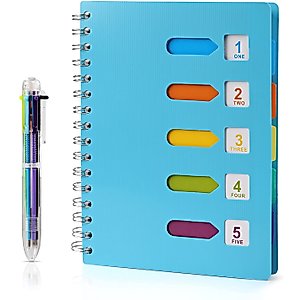 Kesoto A5 Lined Notebook with Multicolored Pen Wire Spiral Subject Notebook Journal with 5 Divider Tabs & 6 Color Retractable Ballpoint Pen, 240 Pages, Blue