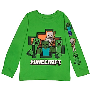 Minecraft Characters Boys Long Sleeve T-Shirt, 2-Pack Bundle Set for Kids and Toddlers (Size 10/12, Green/Royal)