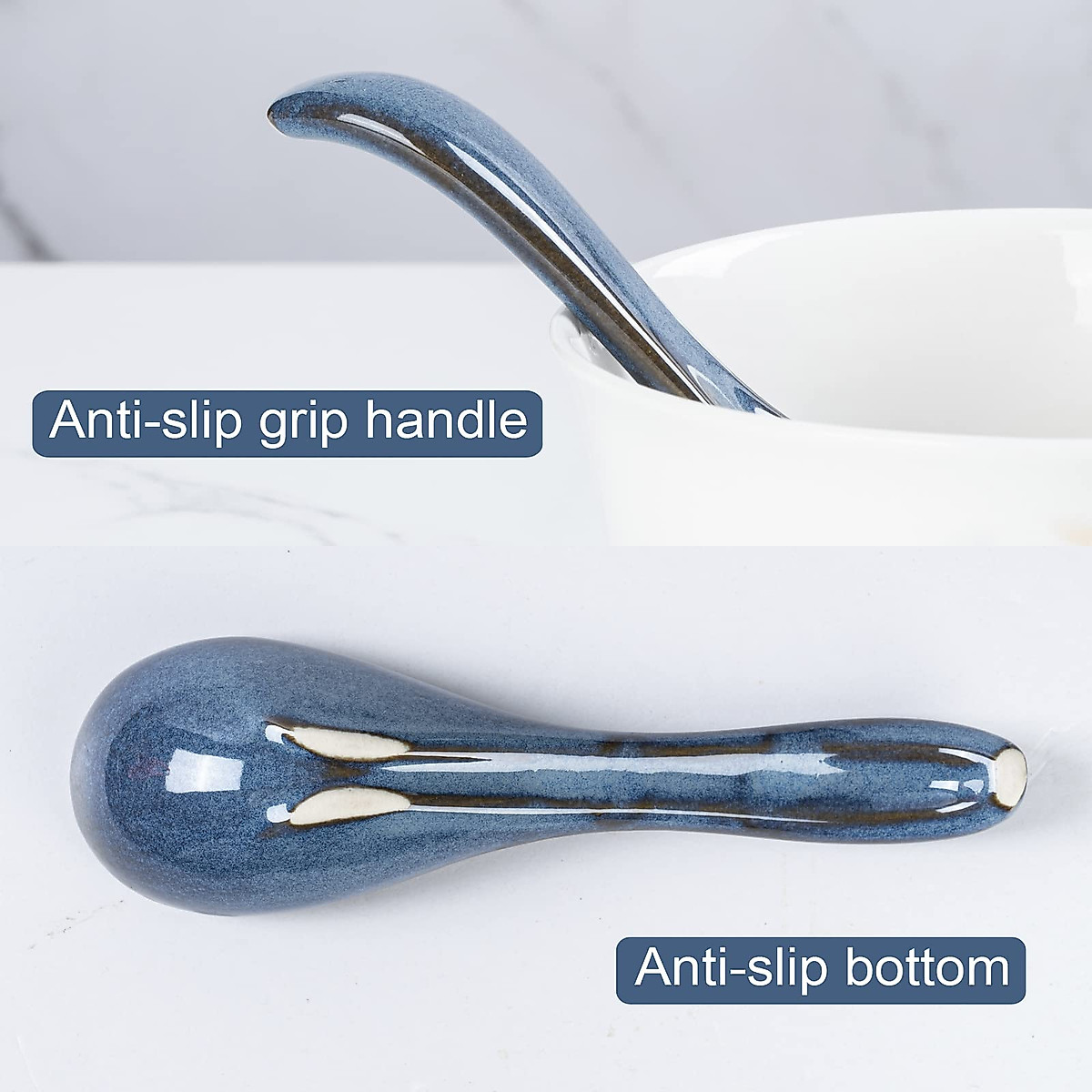 HOKELER Ceramic Asian Soup Spoons 5.6 inch Chinese Japanese Porcelain Soup Spoon for Ramen Pho Miso Wonton, Set of 4 (4 Colors)