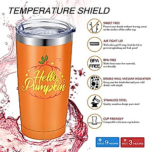 Hello Pumpkin Mug Travel Tumbler, Novelty Pumpkin Mug for Halloween Thanksgiving Harvest Festival, Cute Autumn Kitchen Decor, 20 oz Vacuum Insulated Mug Tumbler with Straw Lid and Brush