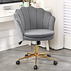 Furnimart Home Office Chair with Wheels Upholstered Comfy Velvet Desk Chair Stool, Adjustable Swivel Modern Seashell Back Vanity Chair for Living Room, Bedroom, Office (Grey)