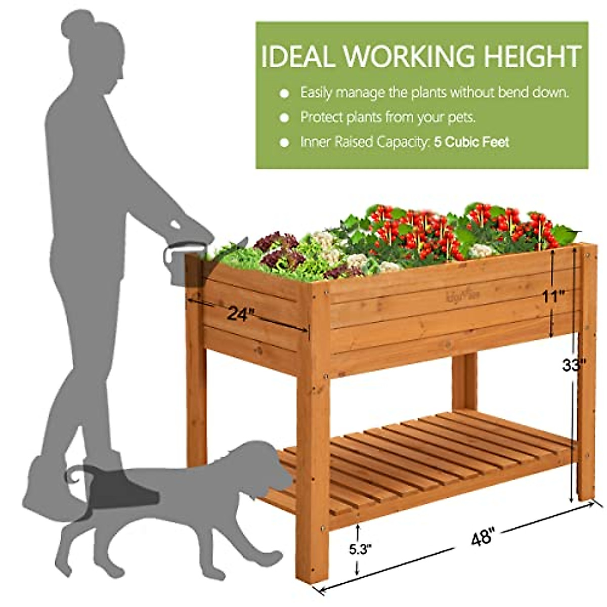 Raised Garden Bed Wood Planter Box Outdoor Wooden Elevated Planters Raised Beds with Legs for Vegetable Flower Herb, 48"x24"x33"H, Standing Gardening Box with Liner for Backyard, Patio, Deck