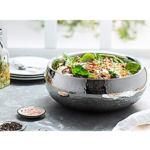 KooK Double-Walled Serving Bowl, Hammered Insulated Stainless Steel, For Hot and Cold Foods, Salads, Soups, Fruit, Large 1.05 Gal Capacity, Silver, 11 Inch