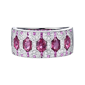 Lanmi 14K White Gold Pink Sapphire Engagement Diamonds Ring Wedding Band for Women