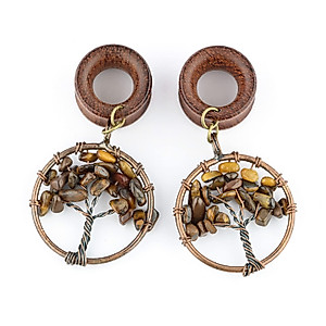 0G 8mm Tigereye Stone Tree of Life Wood Dangle Ear Gauges Piercing Flesh Tunnels Plugs Stretching Kit Expander