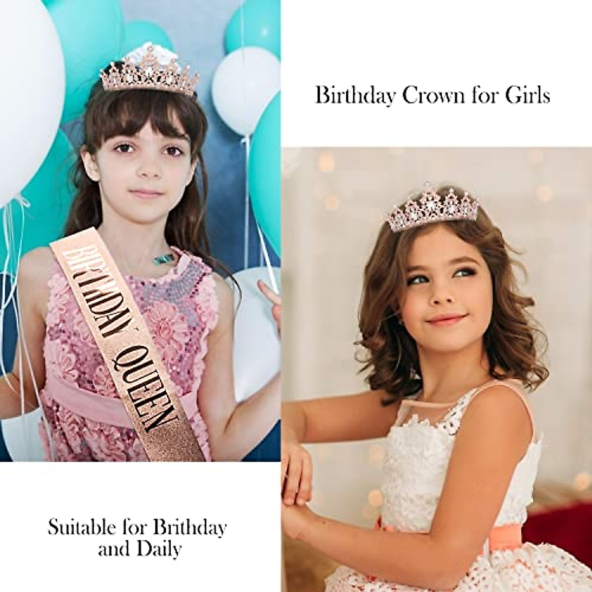 Birthday Queen Sash & Crystal Tiara Kit, Didder Rhinestones Crown Glitter Birthday Sash Birthday Crowns for Women Girls Birthday Tiaras for Women Hair Accessories for Prom Party Gift (Rose Gold)