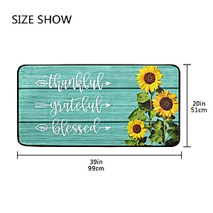 Sunflowers Teal Turquoise Kitchen Rugs Non Slip Thankful Grateful Blessed Kitchen Mats Standing Cushioned Mat in Front of Sink, Washable, 39 x 20 Inch