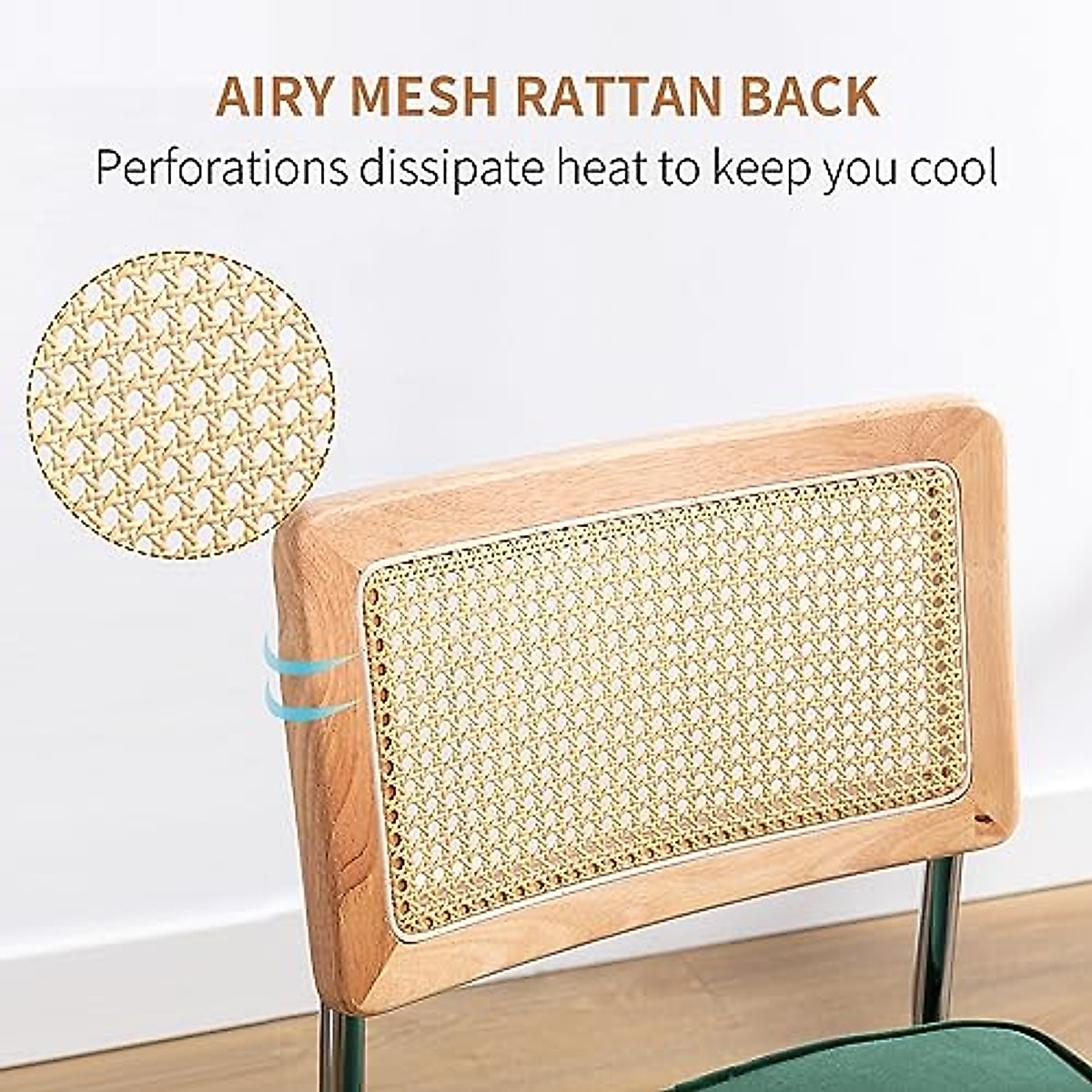 iMenting Velvet Dining Chairs, Mid Century Modern Chairs with Rattan Backrest Upholstered Comfy Side Chair for Home Kitchen Dining Room, Set of 2 Green