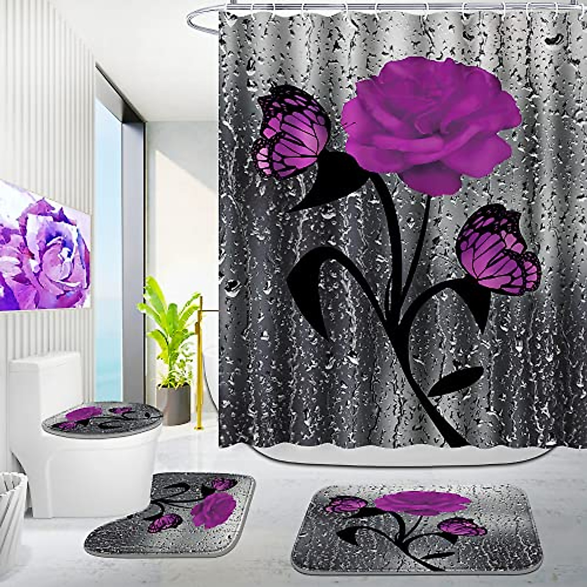 Poedist 5 Pcs Grey Bathroom Decor Set,Shower Curtain Sets with Rugs,Include Bath Towel,U Mat,Toilet Lid Cover & Bath Mat,with 12 Hooks,Creative Purple Rose