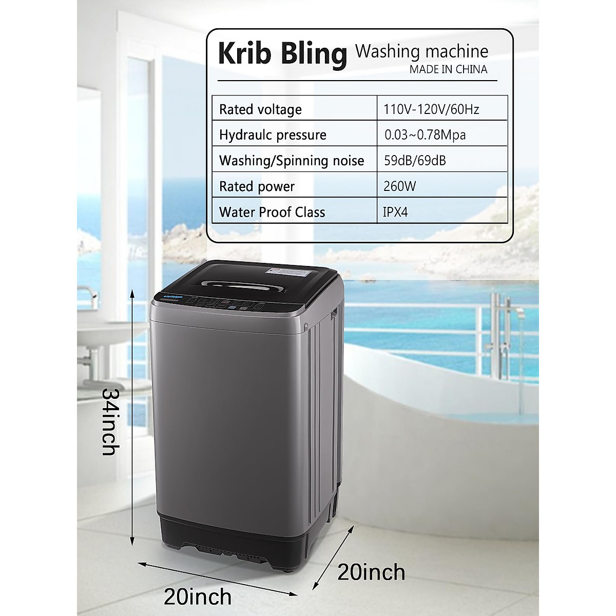 Krib Bling 17.7 lbs Full-Automatic Washing Machine with LED Display, Portable Compact Laundry Washer with Drain Pump, 10 Wash Programs 8 Water Levels, Grey