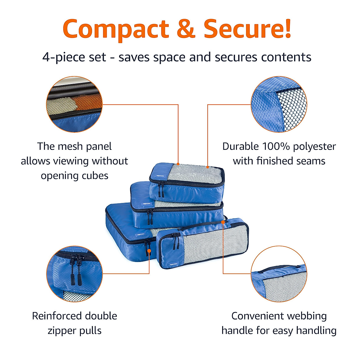 Amazon Basics 4 Piece Travel Organized Zippered Packing Cubes Set, Small, Medium, Large, Slim, Blue