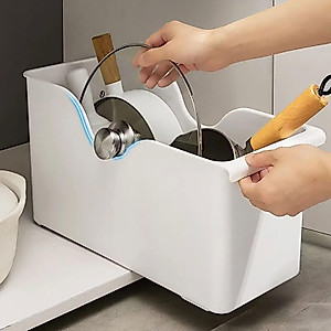 Typutomi Kitchen Cabinet Organizers and Storage, Plastic Pan Pot Holder Pot Cover Rack with Wheels Pantry Organizer Bathroom Storage Basket(White, M)