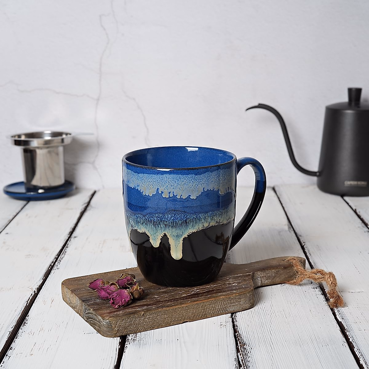 Bosmarlin Ceramic Tea Cup with Infuser and Lid, 16 Oz, 4 Color to Choose Dishwasher and Microwave Safe, Steeping Tea Mug with Strainer (Blue)