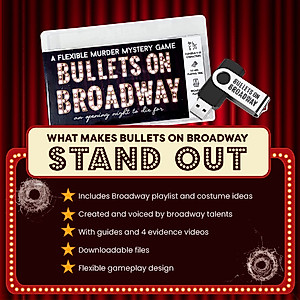 Bullets On Broadway| Murder Mystery Games | Mystery Games for Ages 13+, in-Person & Virtual Detective Game, 3-20 Players w/ Printable Files - Broadway Murder Mysteries
