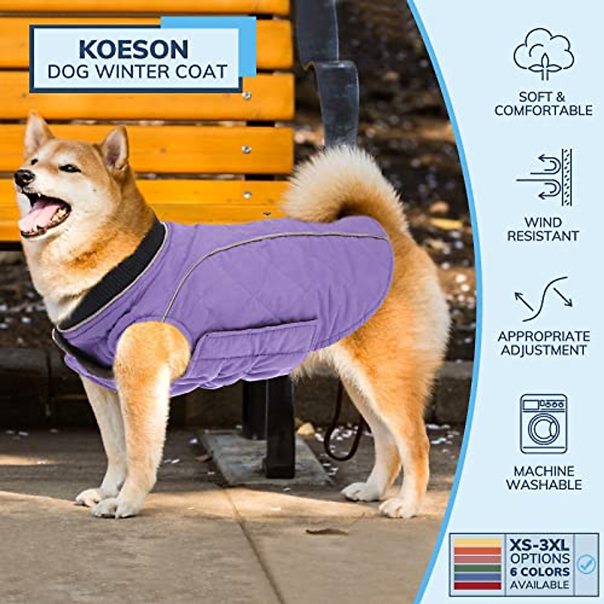KOESON Windproof Dog Cold Weather Coat, Reflective Pet Winter Thick Warm Outdoor Jacket with Harness Hole, Comfy Cotton Apparel Padded Vest for Small Medium Large Dogs Purple 2XL