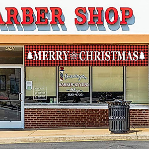 Huge Red Black Plaid Merry Christmas Banner Large Xmas Sign Decorations with Delicate Print for Xmas House Home Outdoor Party Decor, 9.8 x 1.6 Feet (Style Set 3)