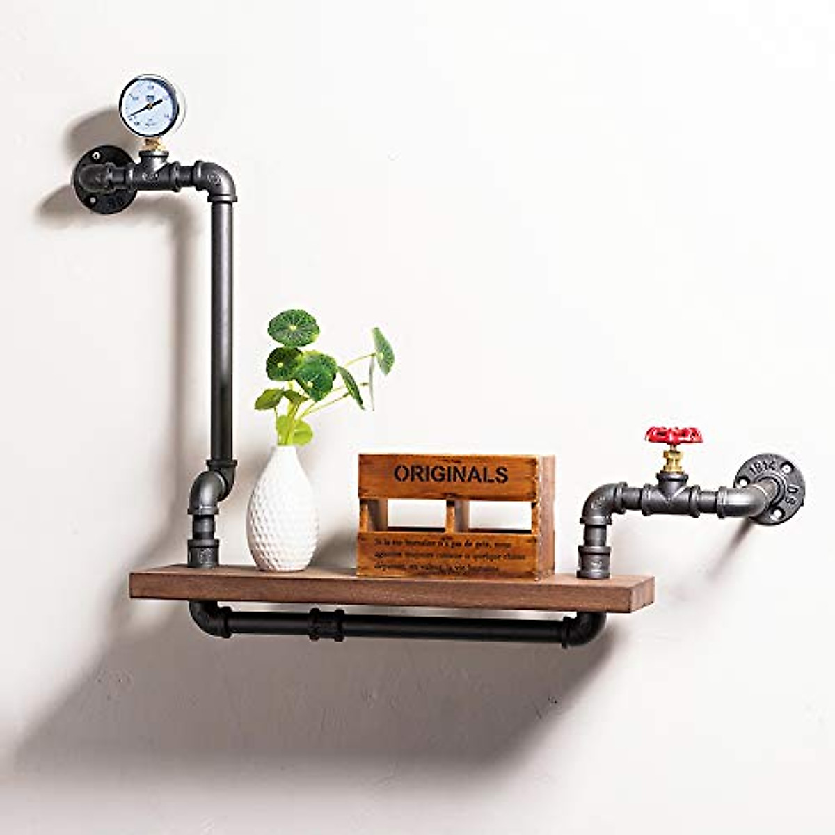 17.7 Inch Industrial Pipe Shelf, Rustic Wall Shelf with 1 Red Valve, Rustic Wall Shelving Bookshelf, Wall Shelf Over Toilet, Wall Decor, Home Decor, Bathroom