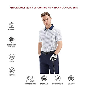 Golf Shirts for Men Dry Fit Short Sleeve Print Performance Moisture Wicking Polo Shirt White