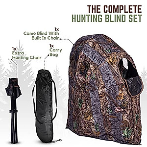 Camouflage Hunting Blind - 1 Person Ground Blind & Chair for Deer & Turkey Hunting I Durable Pop Up Hunting Tent with 5 See Through Windows, Blackout Lining, Carry Bag & Lightweight, Waterproof Fabric