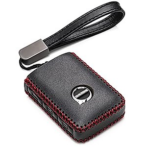 Vitodeco Genuine Leather Smart Key Fob Case Compatible with Volvo XC40, XC60, XC90, S90, S60, V60, V90 2019-2023 (4-Button, Black/Red)