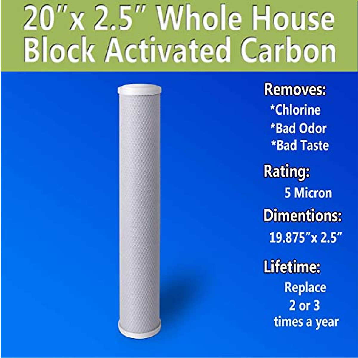 Standard Whole House Coconut Shell Carbon Block 5 Micron Water Filter 20” x 2.5” Fits 20” x 2.5” Housings. Remove Chlorine and Bad Odor. Compatible with C1-20, HX-CB-25-2010, F3WCB32 Pack of 4