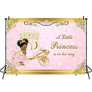 Mocsicka Gold Princess Backdrop Pink Little Princess is On The Way Baby Shower Photography Background Vinyl Glitter Gold Princess Carriage Geometrical Decoration Newborn Props (7x5ft)