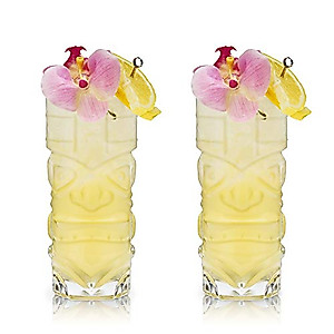 Viski Pacific Tropical Tiki Glasses Set of 2 - Premium Crystal Clear Glass Tumbler, Stylish Tiki Glassware Bar Accessories and Cocktail Glass Gift Set, 14 oz