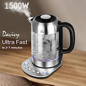 Davivy Smart Electric Kettle with Temperature Control & Tea Infuser - 1500W Quick Boil, Keep Warm Function, Dry-Boil Protection - 1.7L Borosilicate Glass Water Boiler & Tea Maker