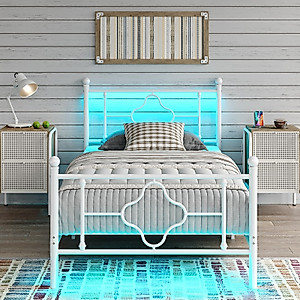 CollaredEagle Twin Size Bed Frame with Headboard and Footboard, Classic Metal Platform Bed Frame with Charging Station and LED Lights, Heavy Duty Slat Support Metal Bed Frame, No Noise, White