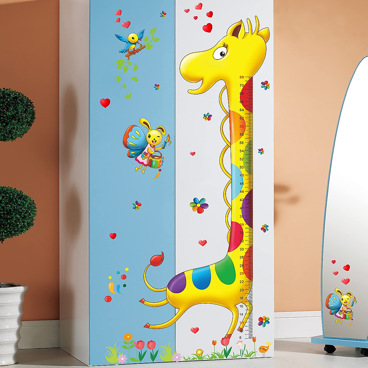 Animals Rainbow Giraffe Height Chart Wall Stickers Inches Kids Measure Height Growth Wall Decals Removable for Nursery Playroom Girls Boys Children's Bedroom Decoration Ruler Measuring Range 8in-6ft