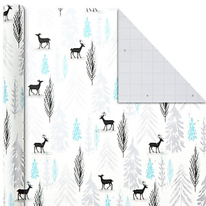 Hallmark Christmas Wrapping Paper Bundle with Cutlines on Reverse (3 Rolls: 80 sq. ft. ttl) Teal and Silver, Elegant Woodland with Deer, Holographic Pinecones